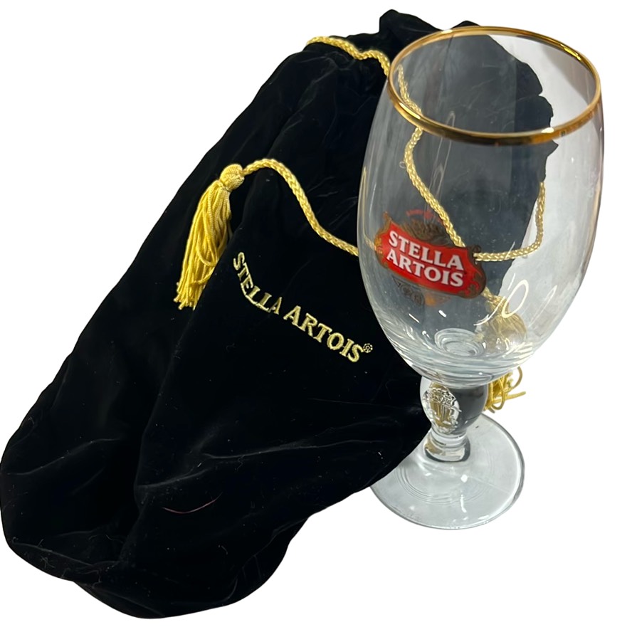 Six Stella Artois Gold Rim Beer Glasses With Velvet Pouches