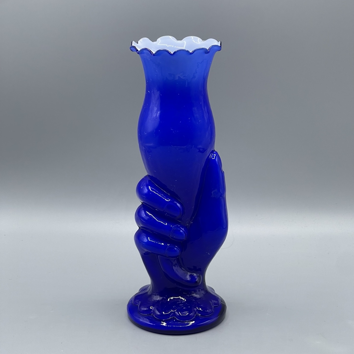 Vintage Cobalt Blue Cased Milk Glass Hand Vase Ruffled Edge