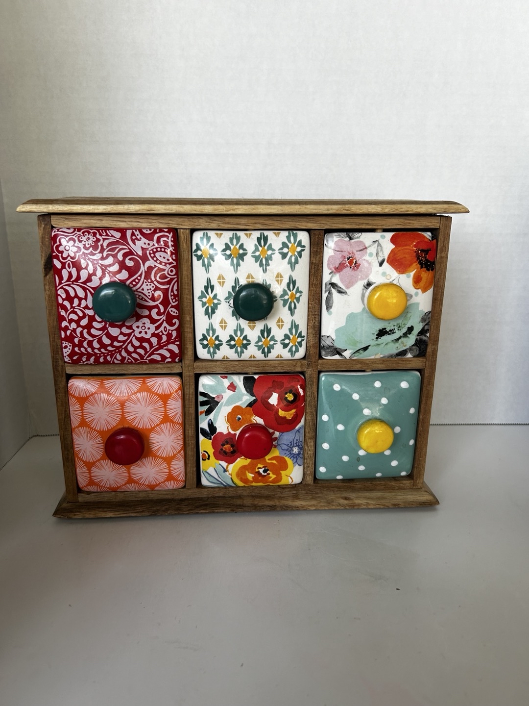 Pioneer Woman Spice & Tea Cupboard 6 Colorful Ceramic Drawers Wood Cabinet