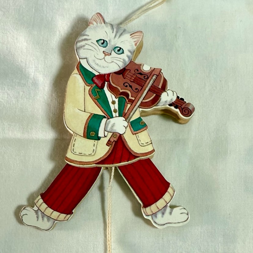 Articulated Puppet Cat Playing The Fiddle Christmas Ornament