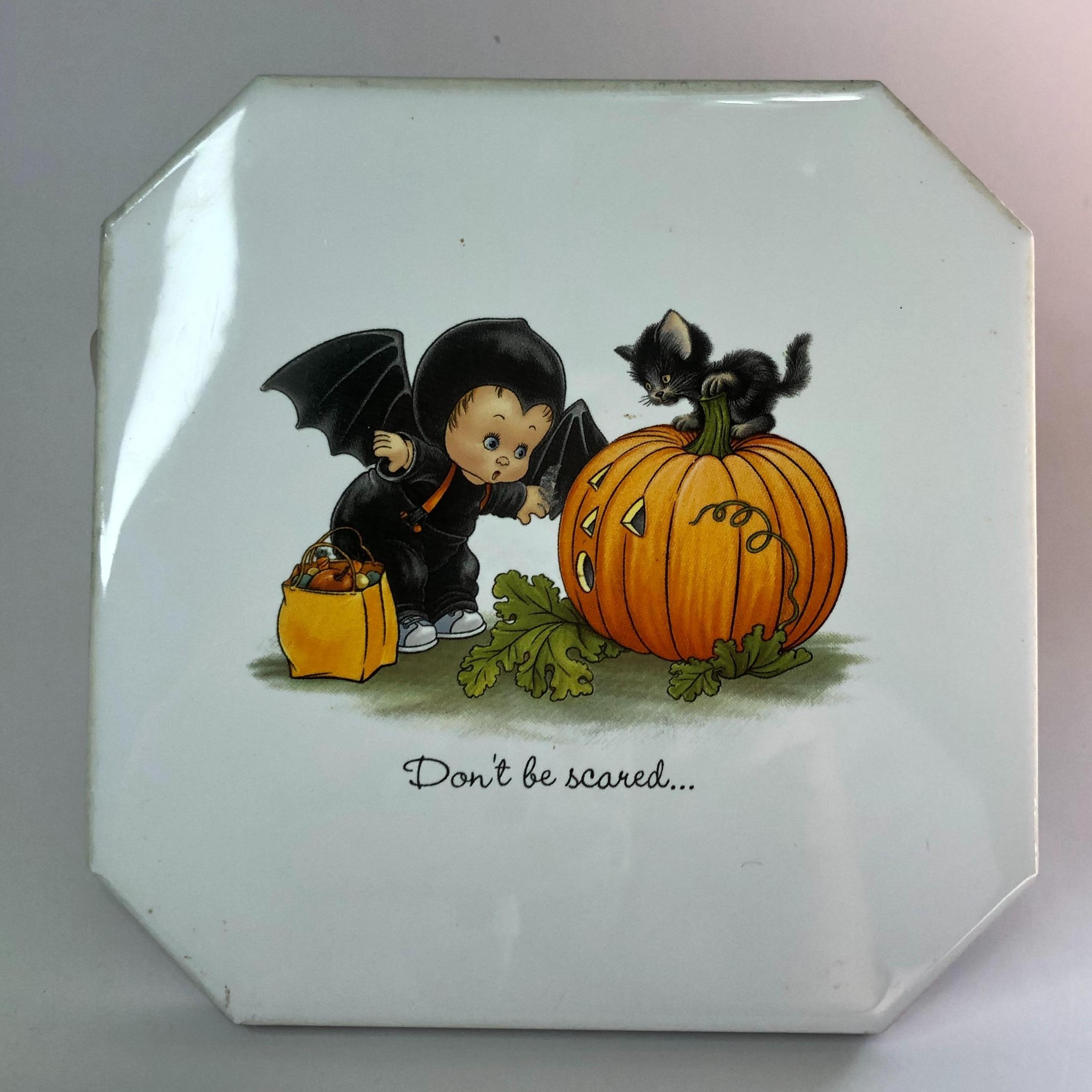 Don't Be Scared Halloween Tile Trivet Black Cat Pumpkin Bat Cute!