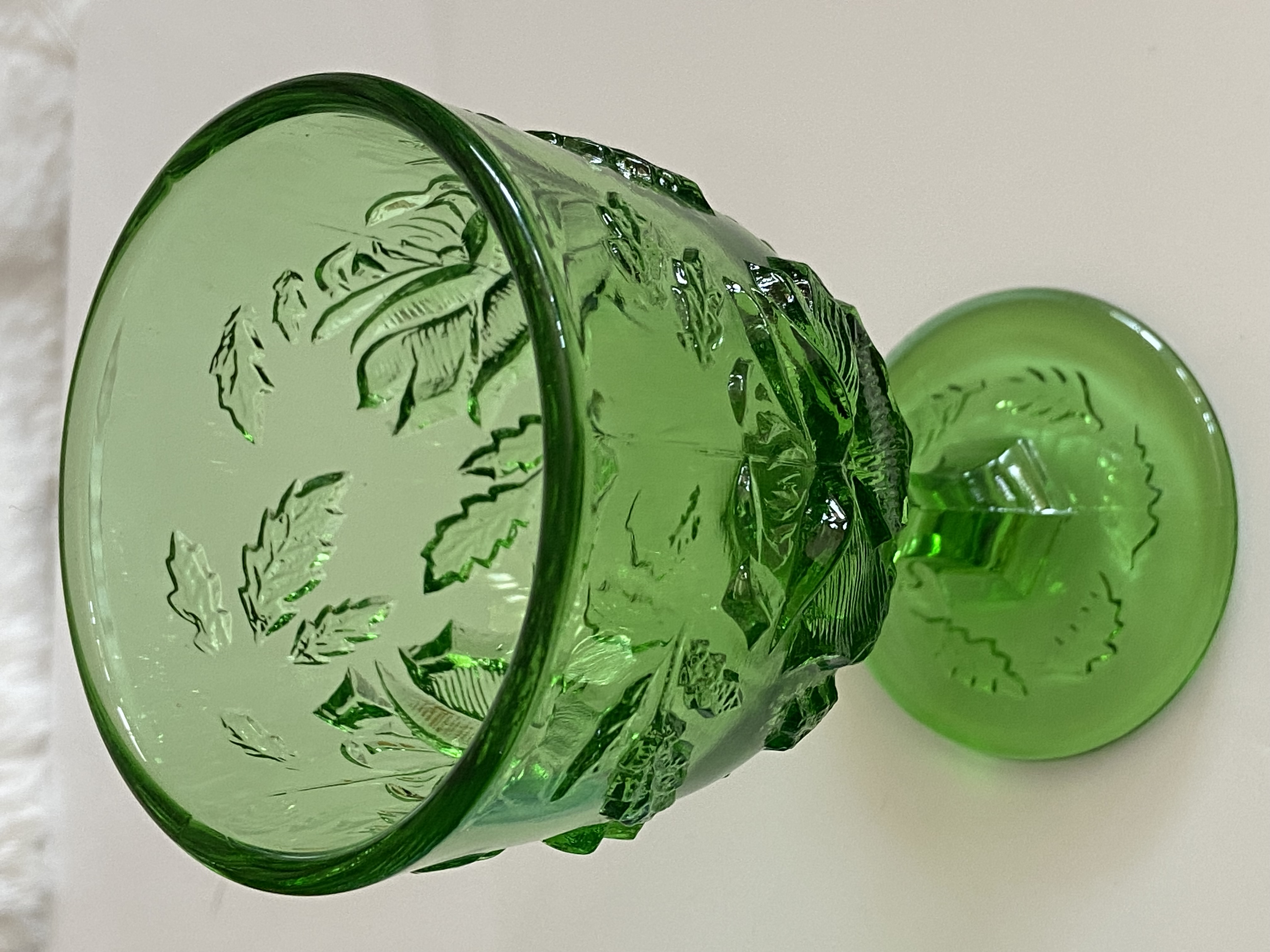 Vintage Fenton Wild Rose Madonna Hill Green Goblet, 5" Tall