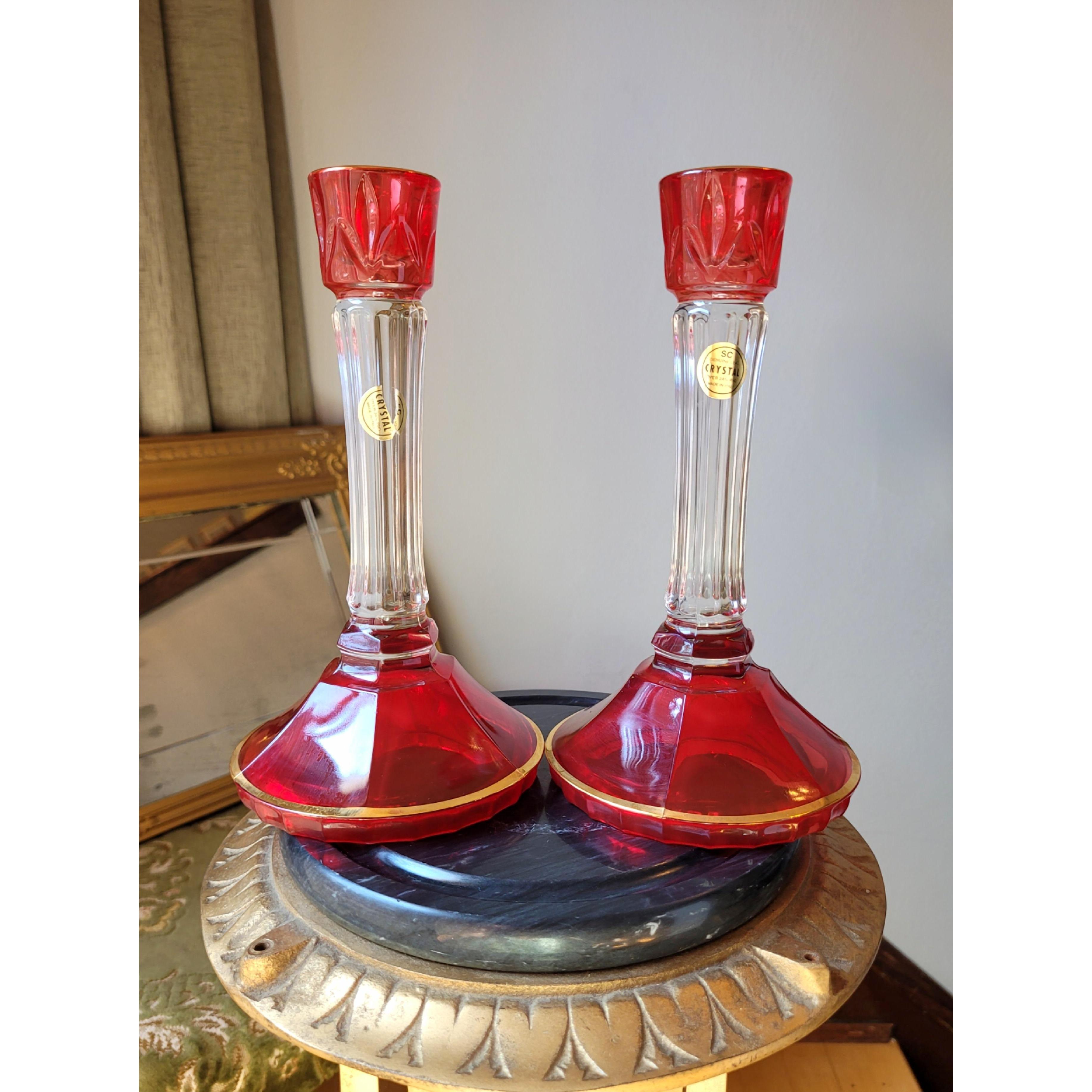 Vintage Italian Lead Crystal Red Candlestick Holders Gold Trim - Set Of 2