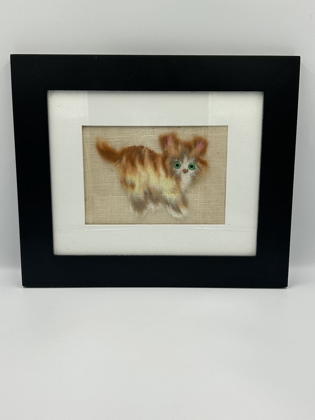 Japanese Bunka Embroidery Cat Fuzzy Art Framed RARE
