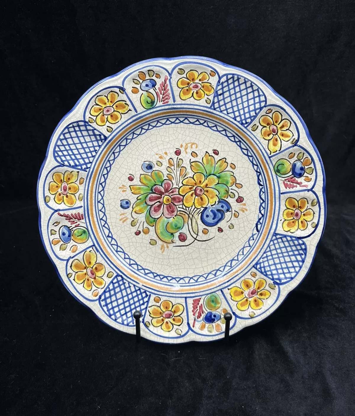 Hand Painted Portuguese Plate Flowers Floral Lattice Wall Hanging Blue ...