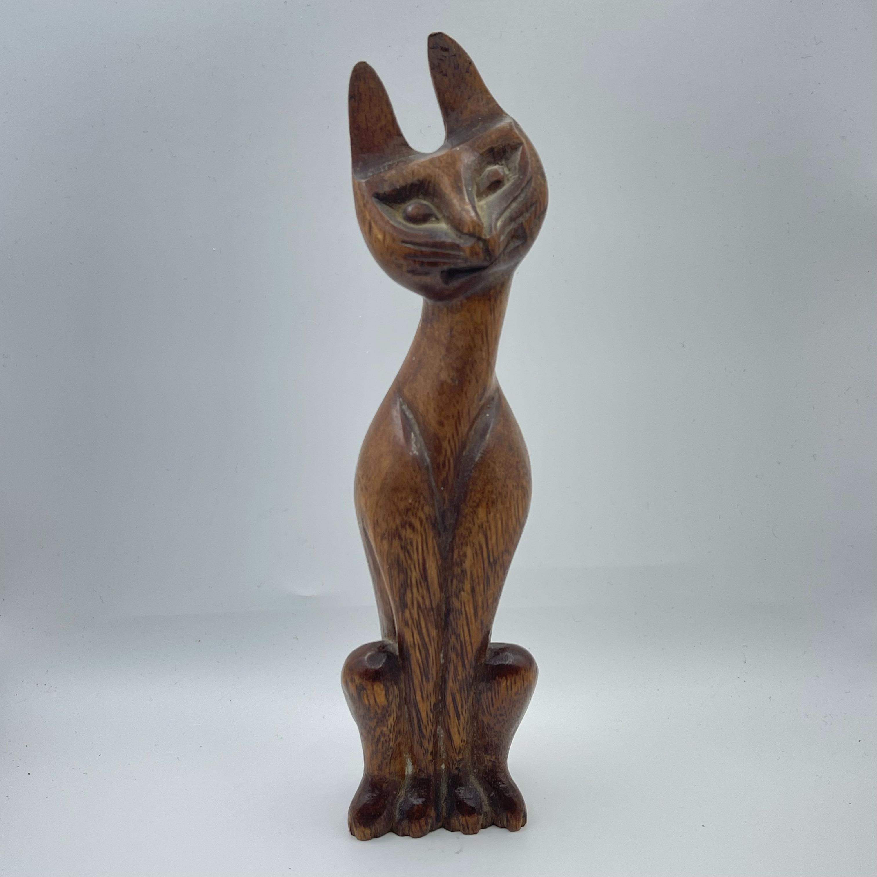 MCM Atomic Teak Hand Carved Wooden Siamese Cat 8.5"