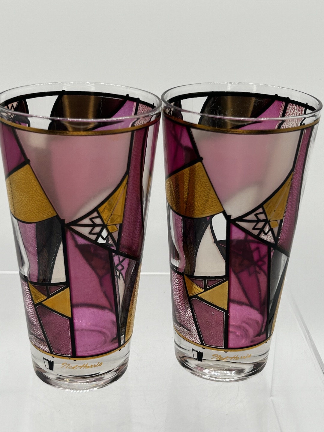 Pair Of Stained Glass Ned Harris Highball Glasses