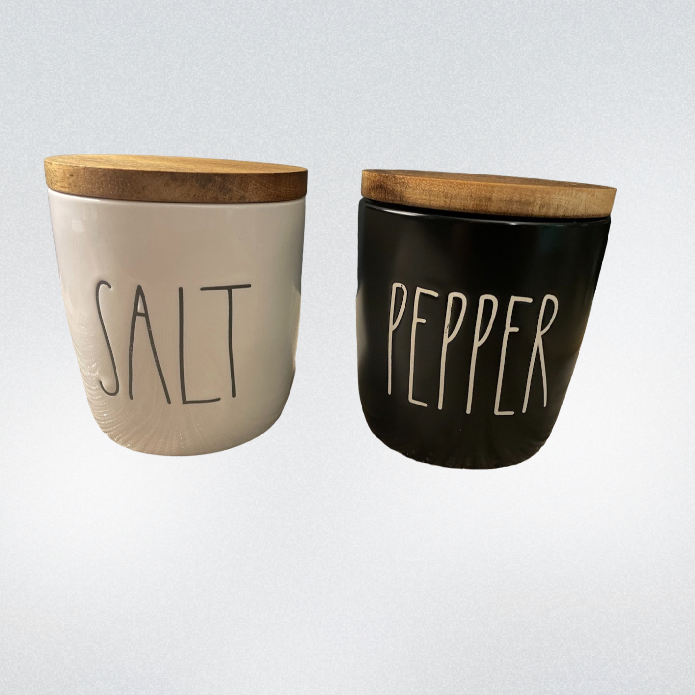 #01 Rae Dunn Salt & Pepper Crocks / Wood Lids Black & White