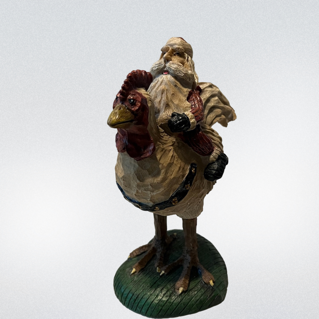 American Chestnut Folk Art Sleigh-foot Santa Rooster Figurine 8” X 6”x 4”