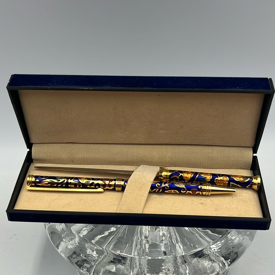 23 Vtg Cloisonné Pen 5.25” & Envelope Opener 6” In Case