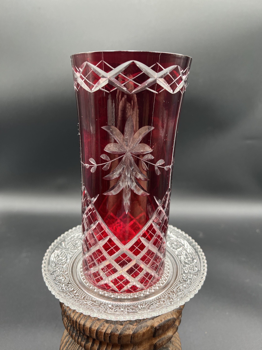 Ruby Red Bohemian Glass Cut To Clear Chimney 7”