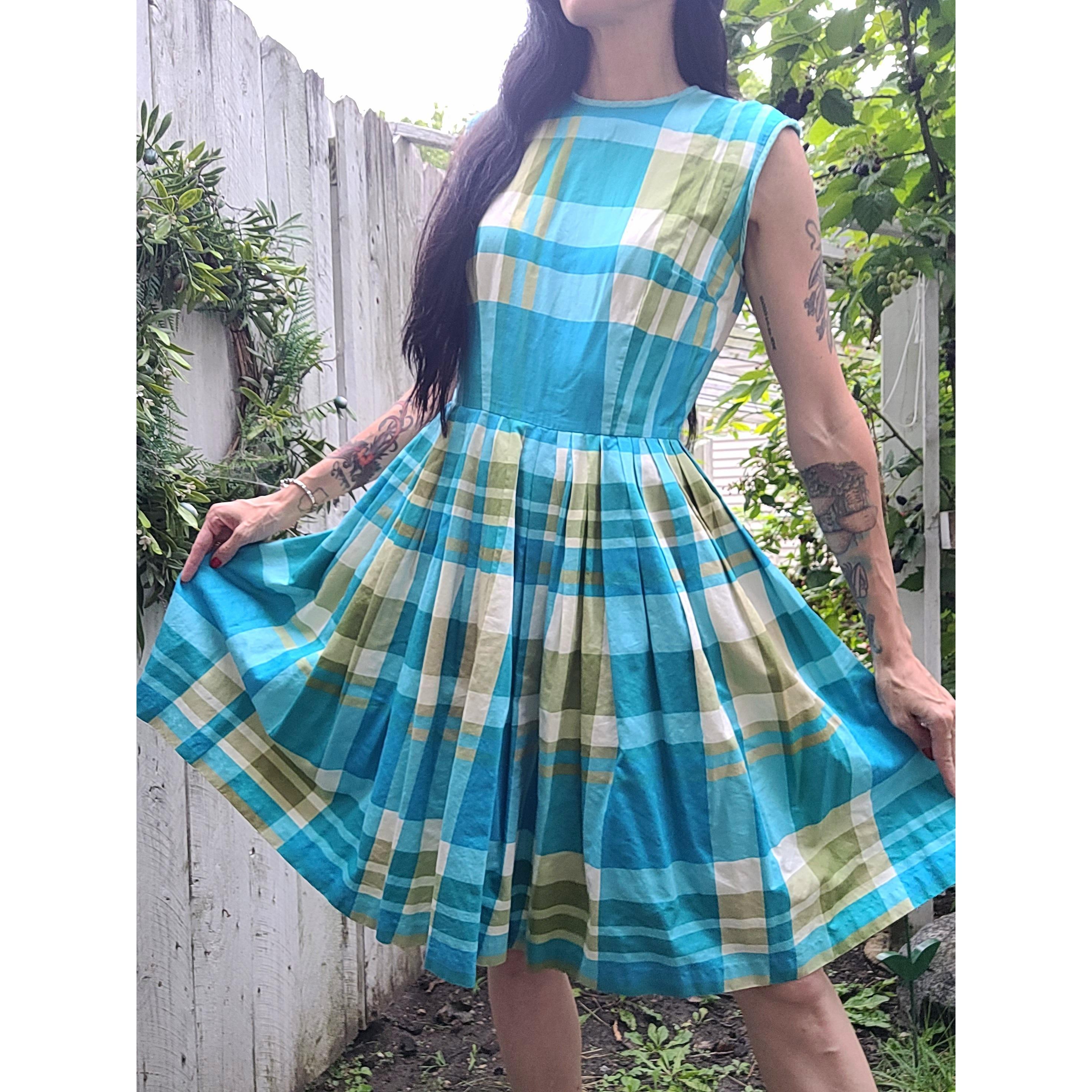 Vintage Richard Shops UK Green & Blue Plaid Pinup Day Dress Midi Mid ...
