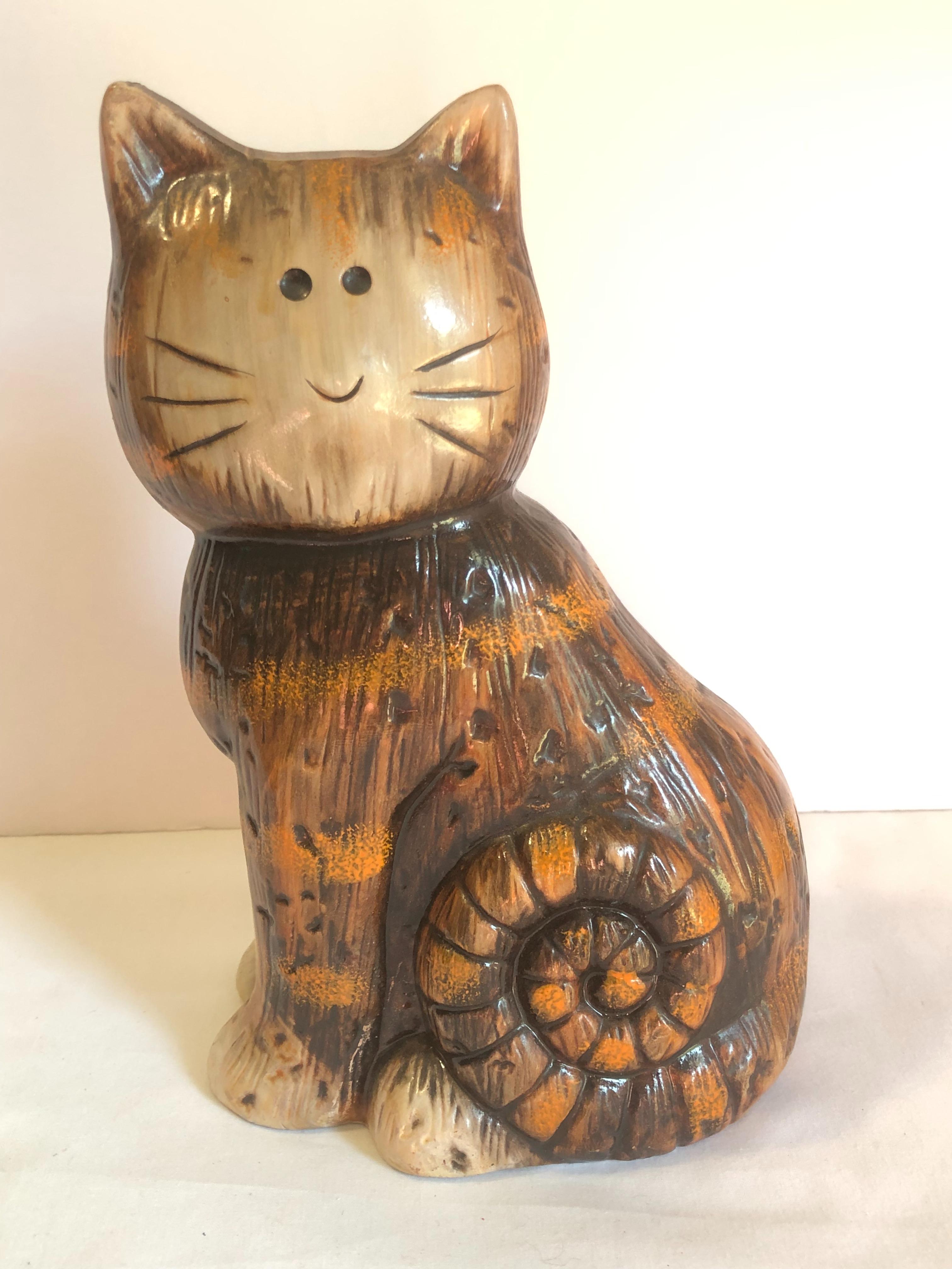 Vintage Pottery Cat Ceramic Brown Orange Stripe Tabby Kitty 1970s Vibe ...