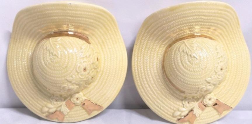 2 Vintage Ceramic Straw Hat Planters