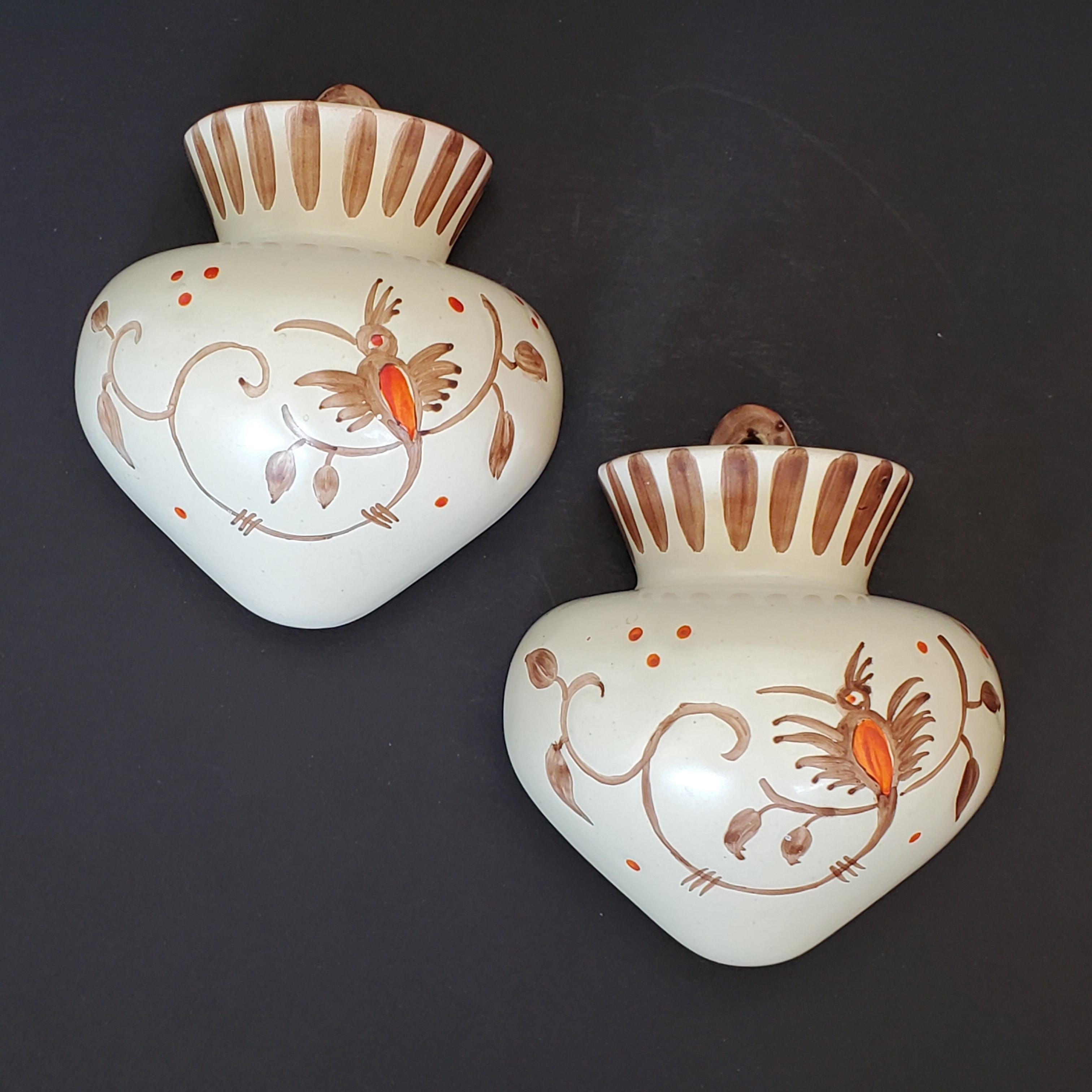 2 Hand Painted Ceramic Wall Pockets With Birds