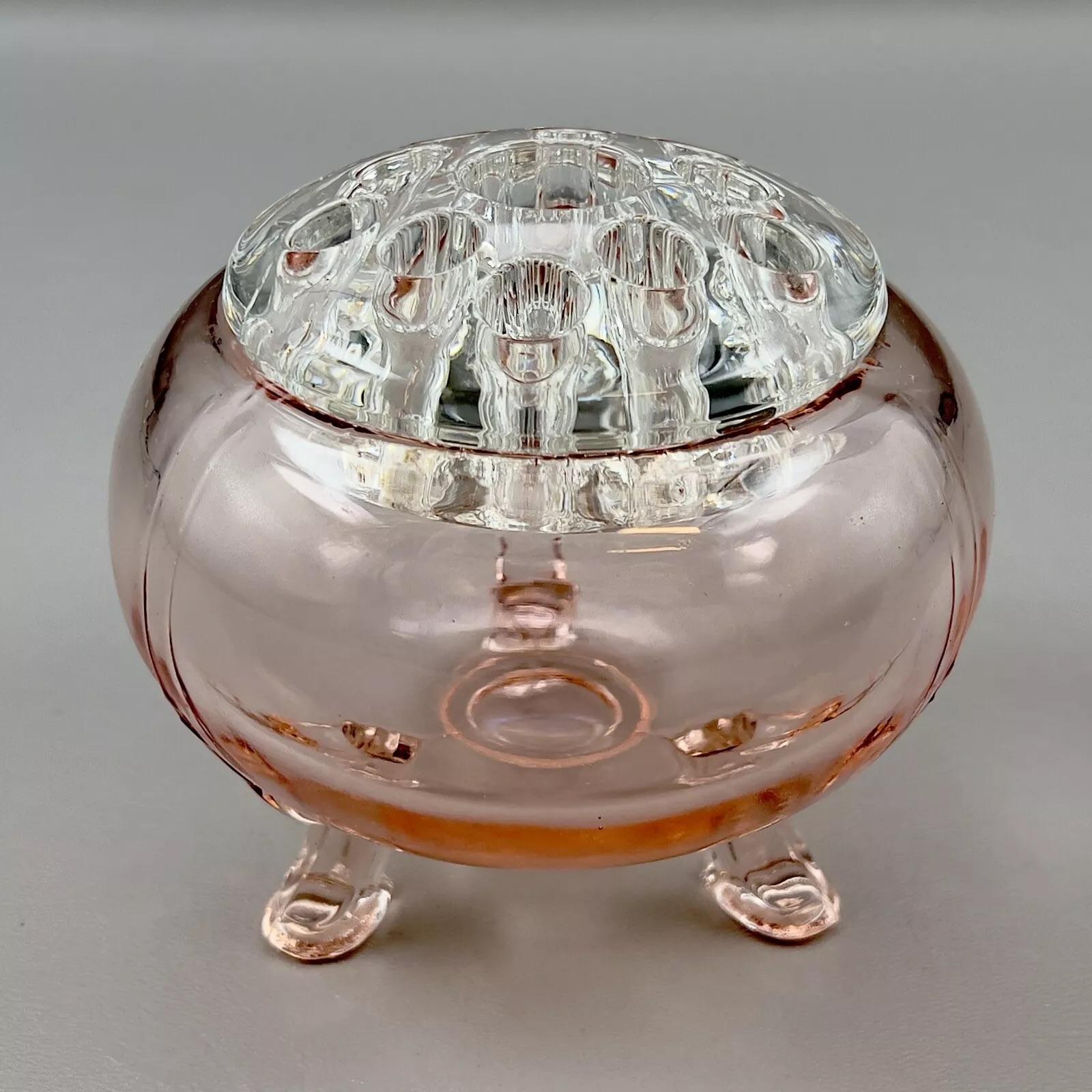 Viking Glass Flowerlite Flower Frog Cherry Pink Bowl w/ Glow Clear ...