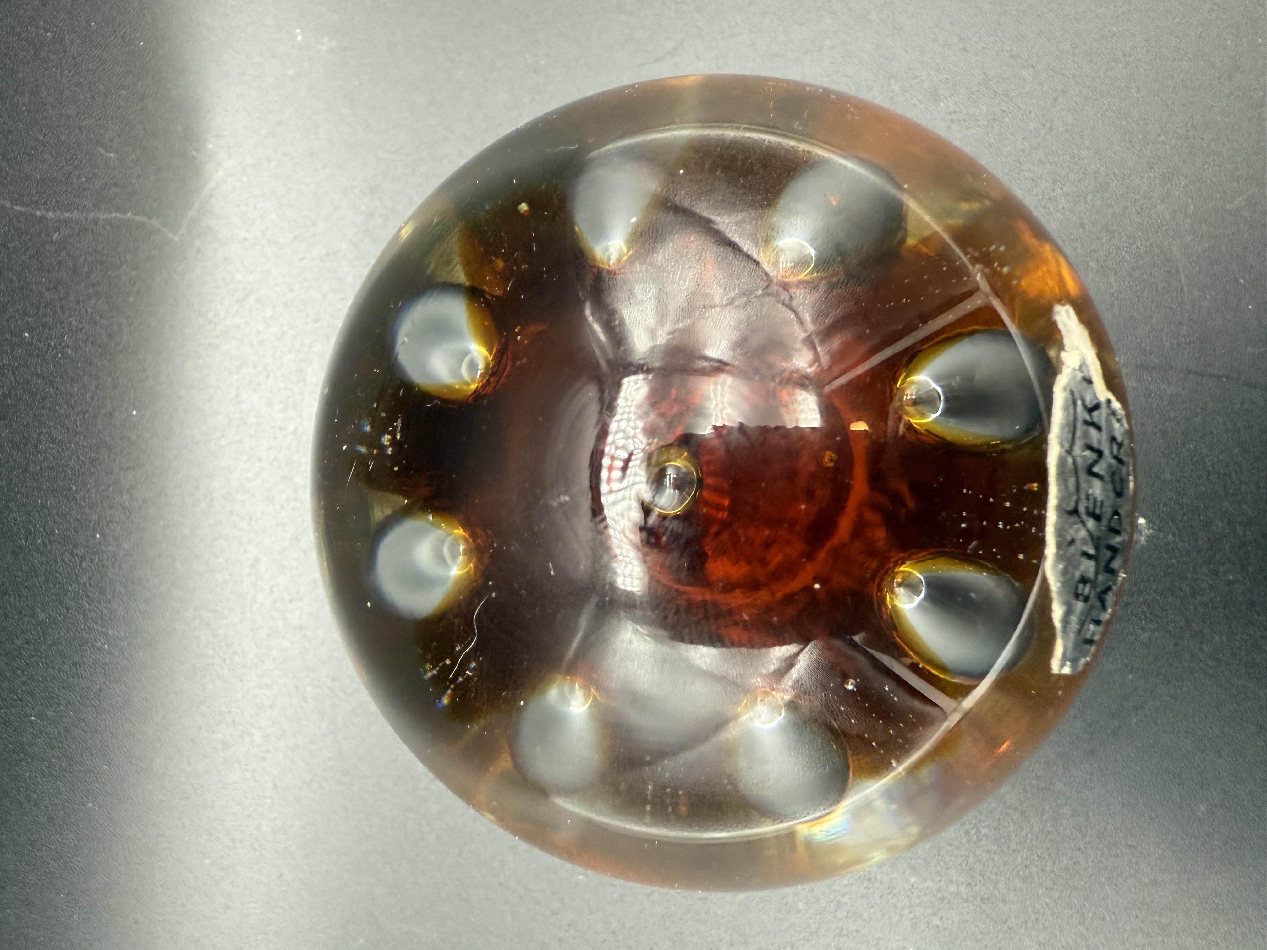 Blenko Amber Paperweight with Sticker UV Reactive