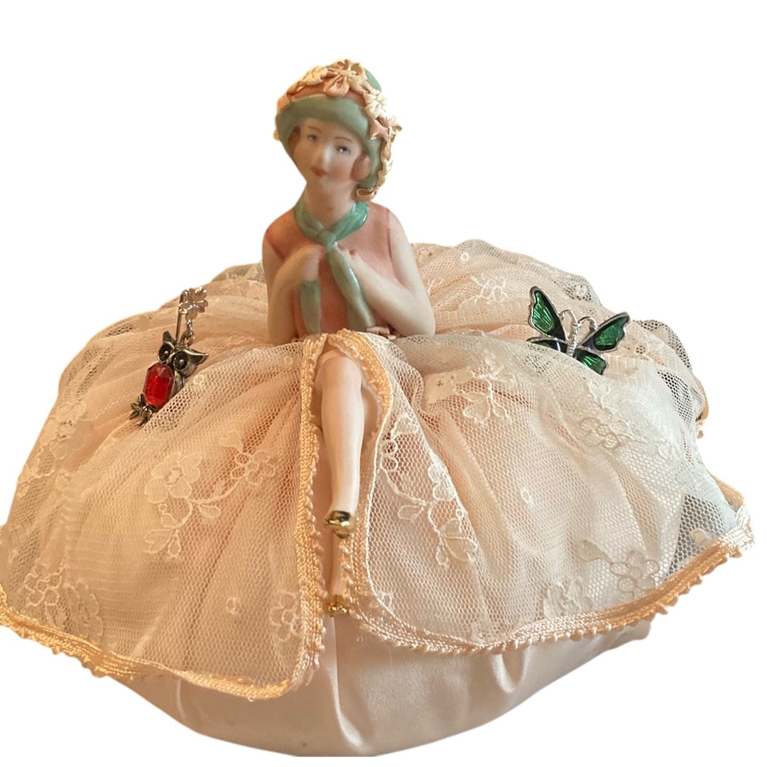 Vintage Lady Pin Cushion With Two Stick Pins