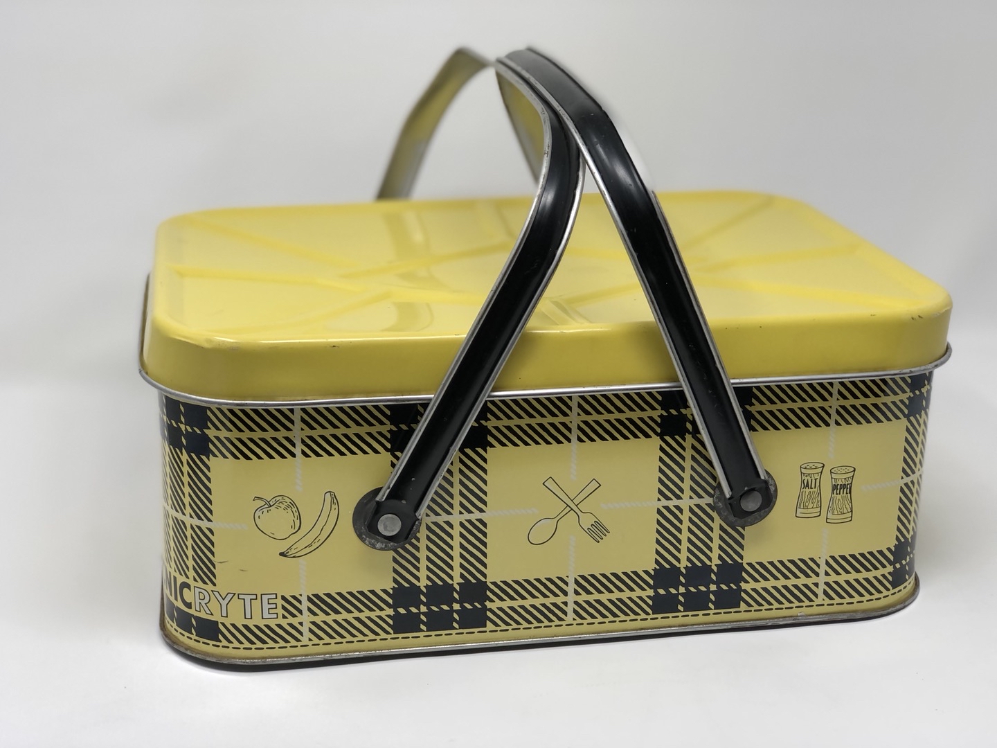 Nesco Picnic Ryte Yellow and Black Tin Picnic Box with Double Handles