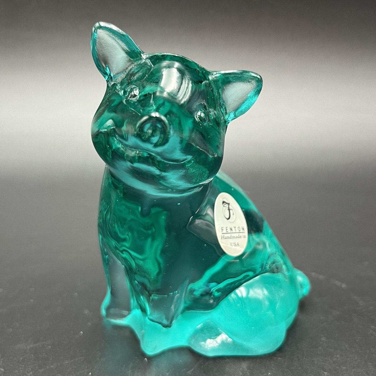 Fenton Aqua Teal Blue Green Glass Pig Figurine Original Sticker
