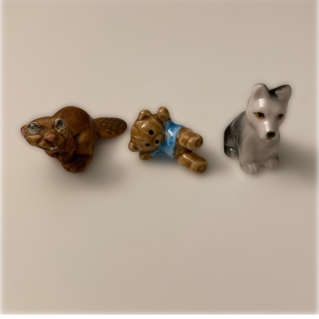Set Of 3 - 1980’s Hagen Renaker Miniature Animals - Puppy Beaver Teddy Bear