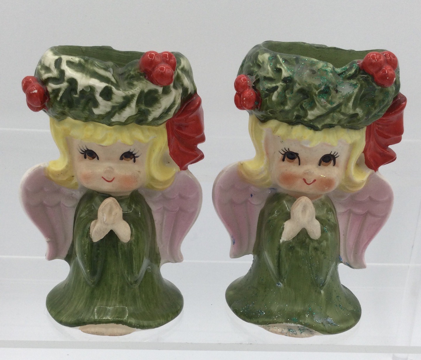 Vintage Lefton Pair of Christmas Angel Candle Holders 4”