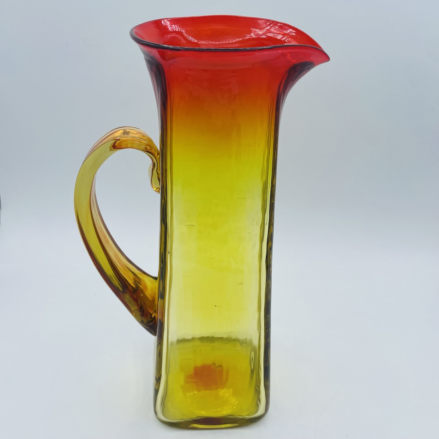 Blenko Tall Square Base Amberina Pitcher Vase GLOWS Orange yellow