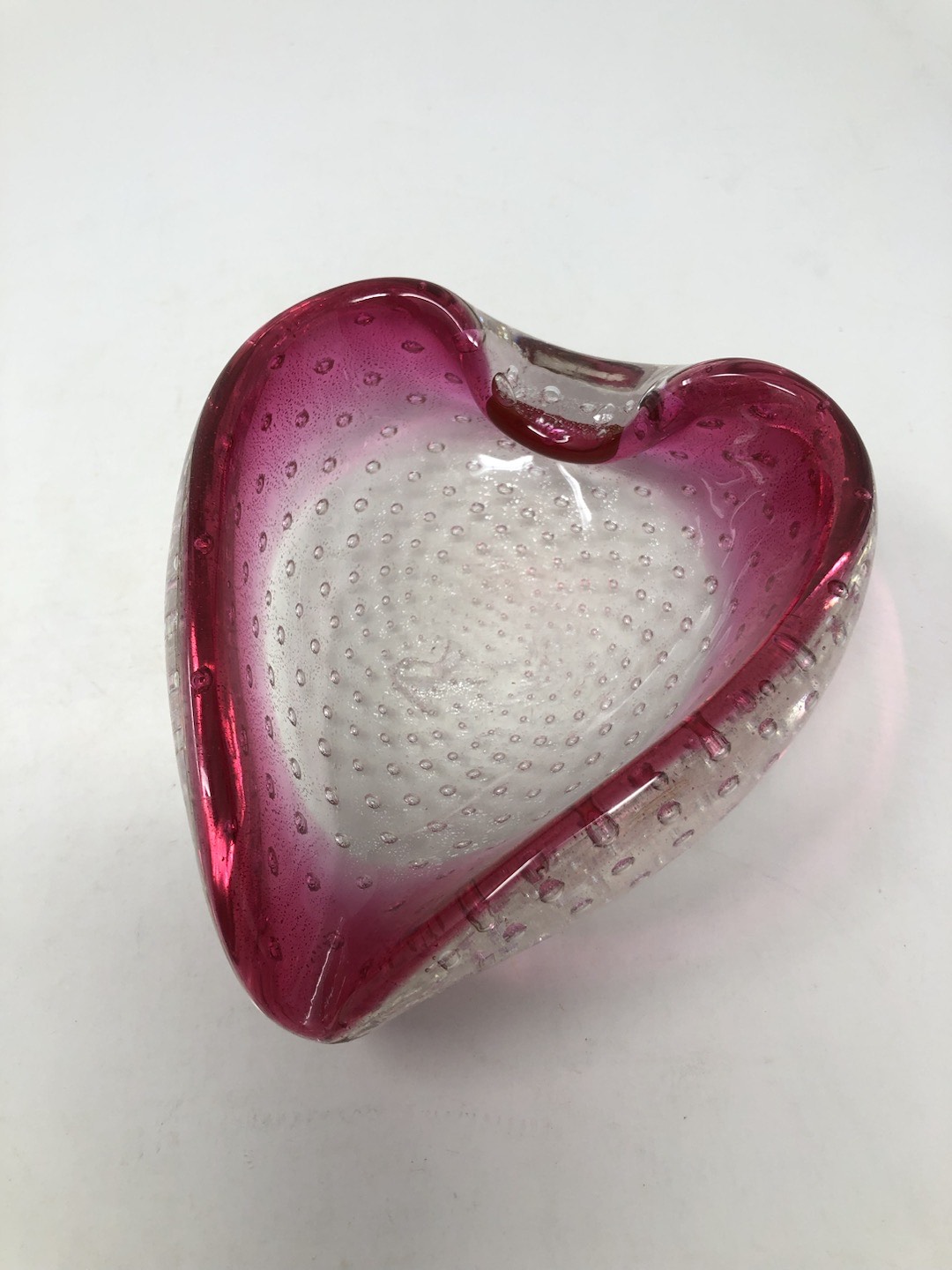 Murano Cranberry Pink Heart Dish with Controlled Bubbles and Silver Flecks