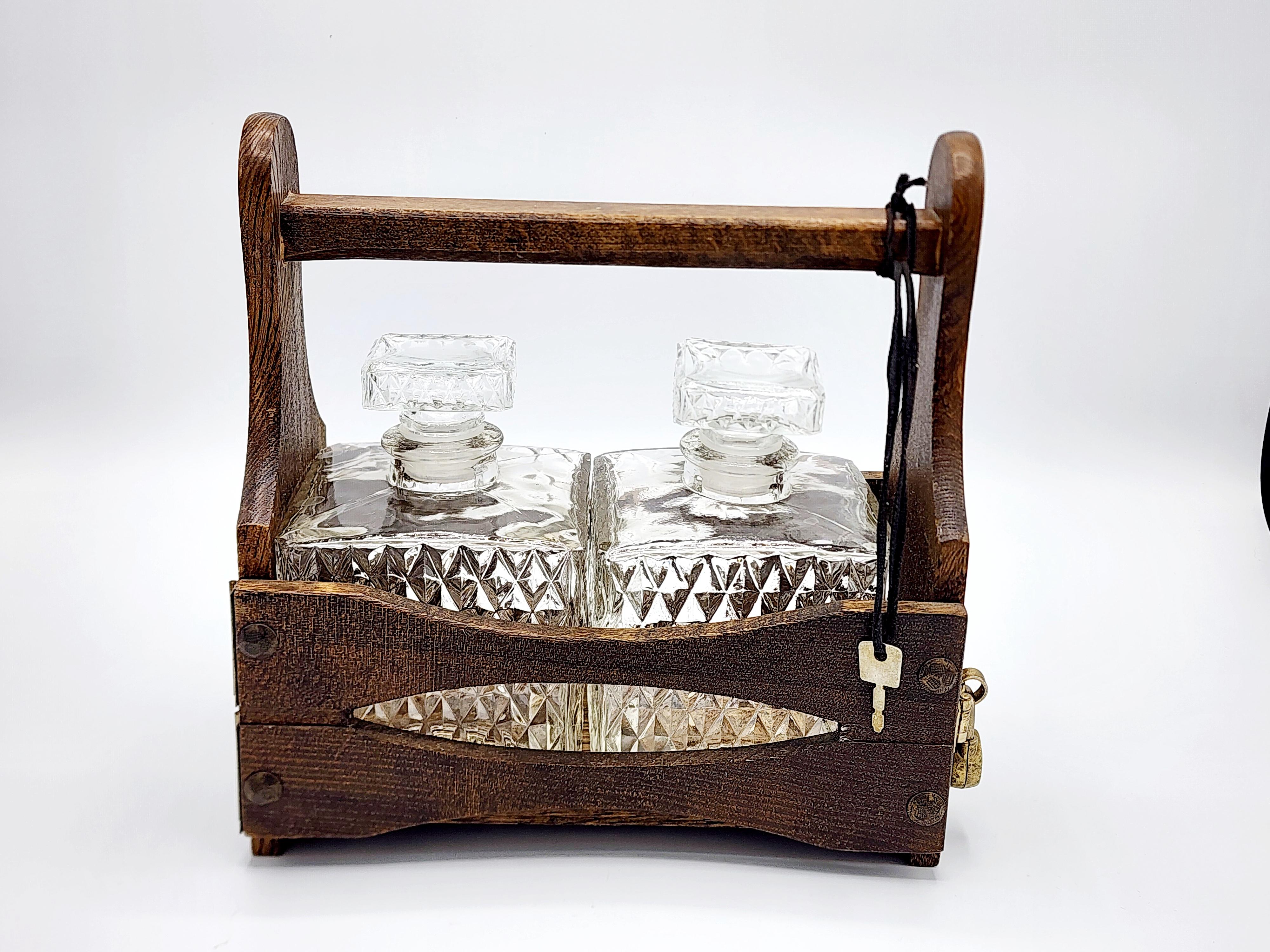 Vintage Rustic Wooden Crate set with 2 Short Glass Whiskey Decanters