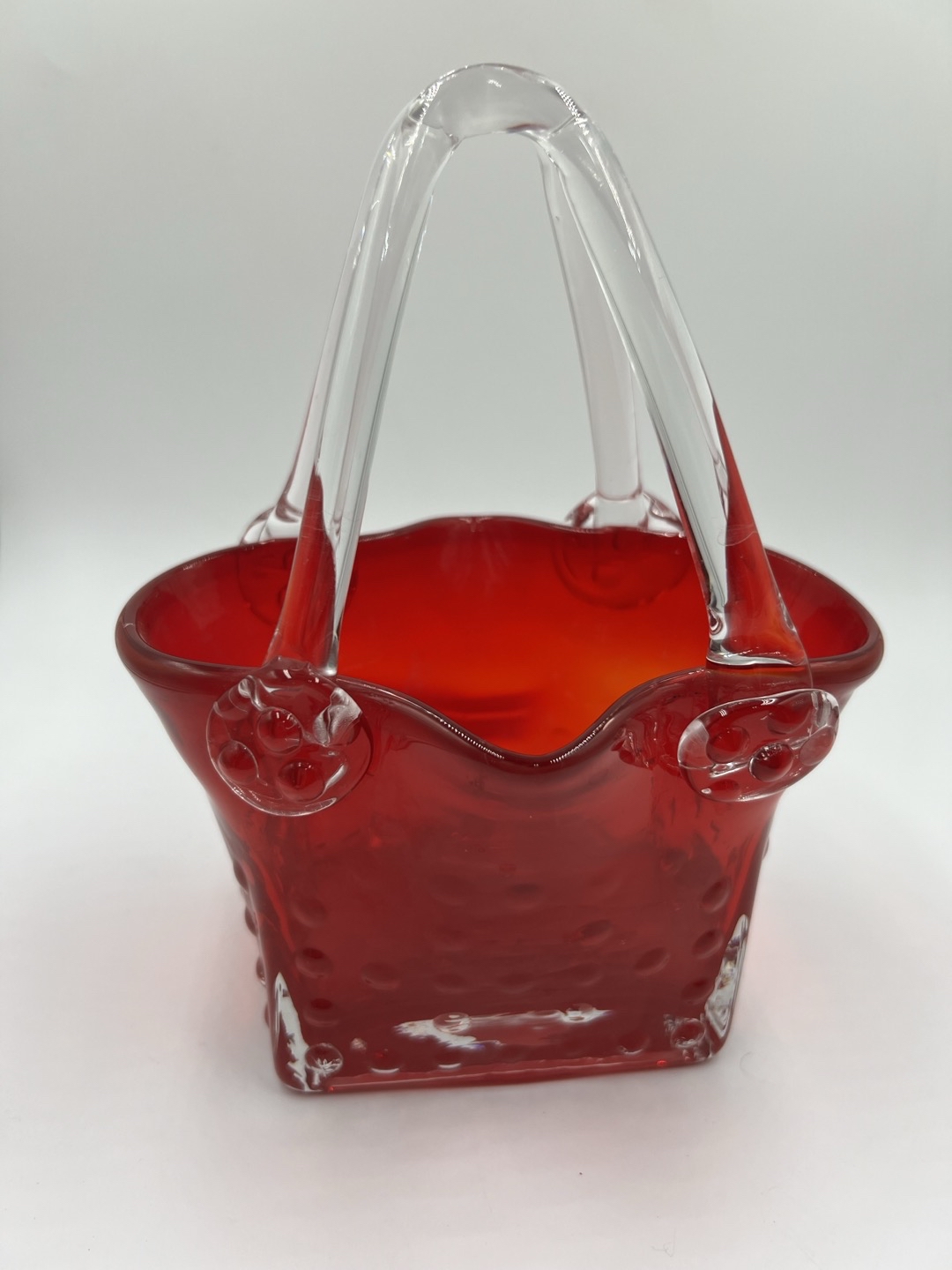 15 Red Art Glass Purse Basket 8”H 6x4 Base