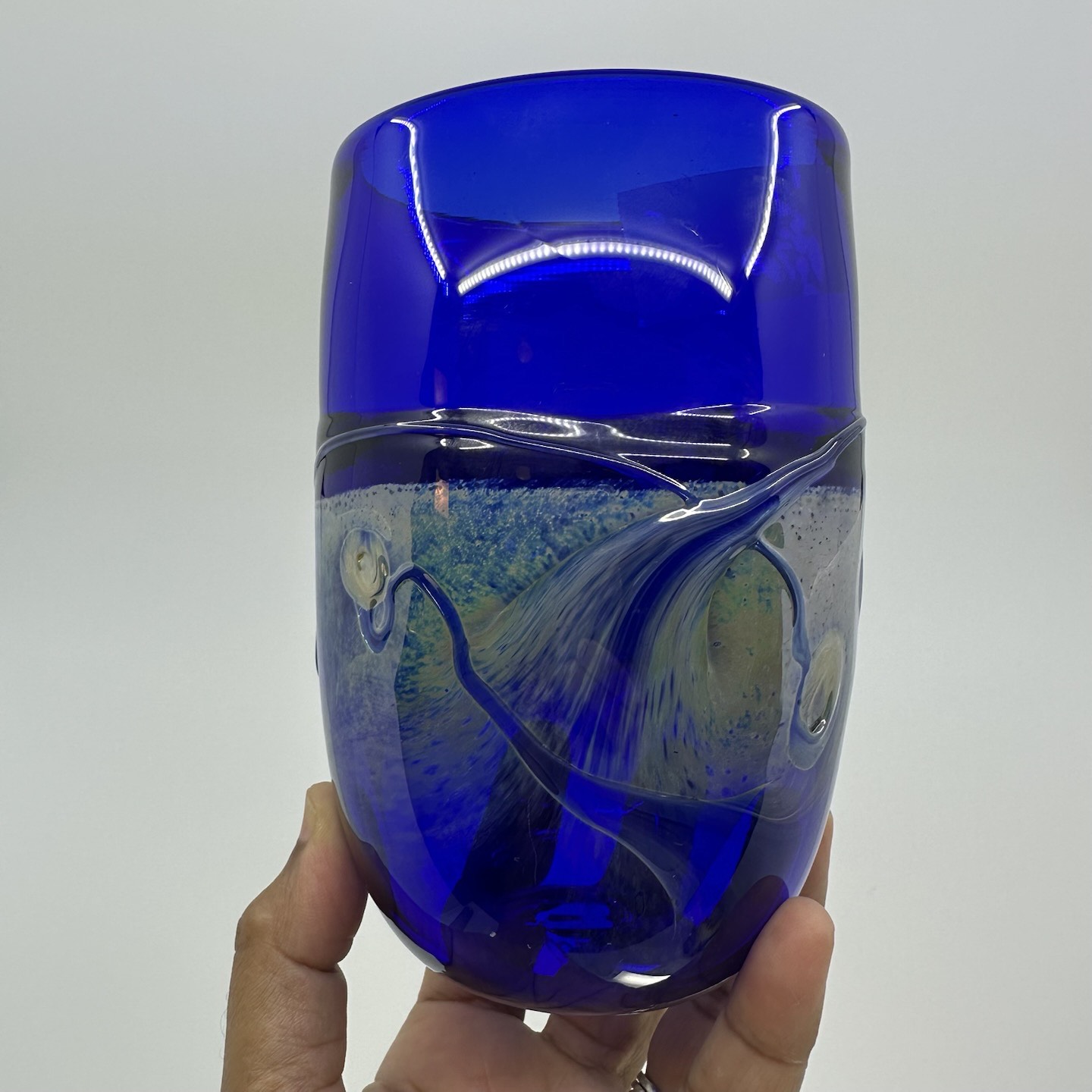 Frederick Warren Signed 91 Studio Hand Blown Glass Cobalt Blue Tumbler Vase