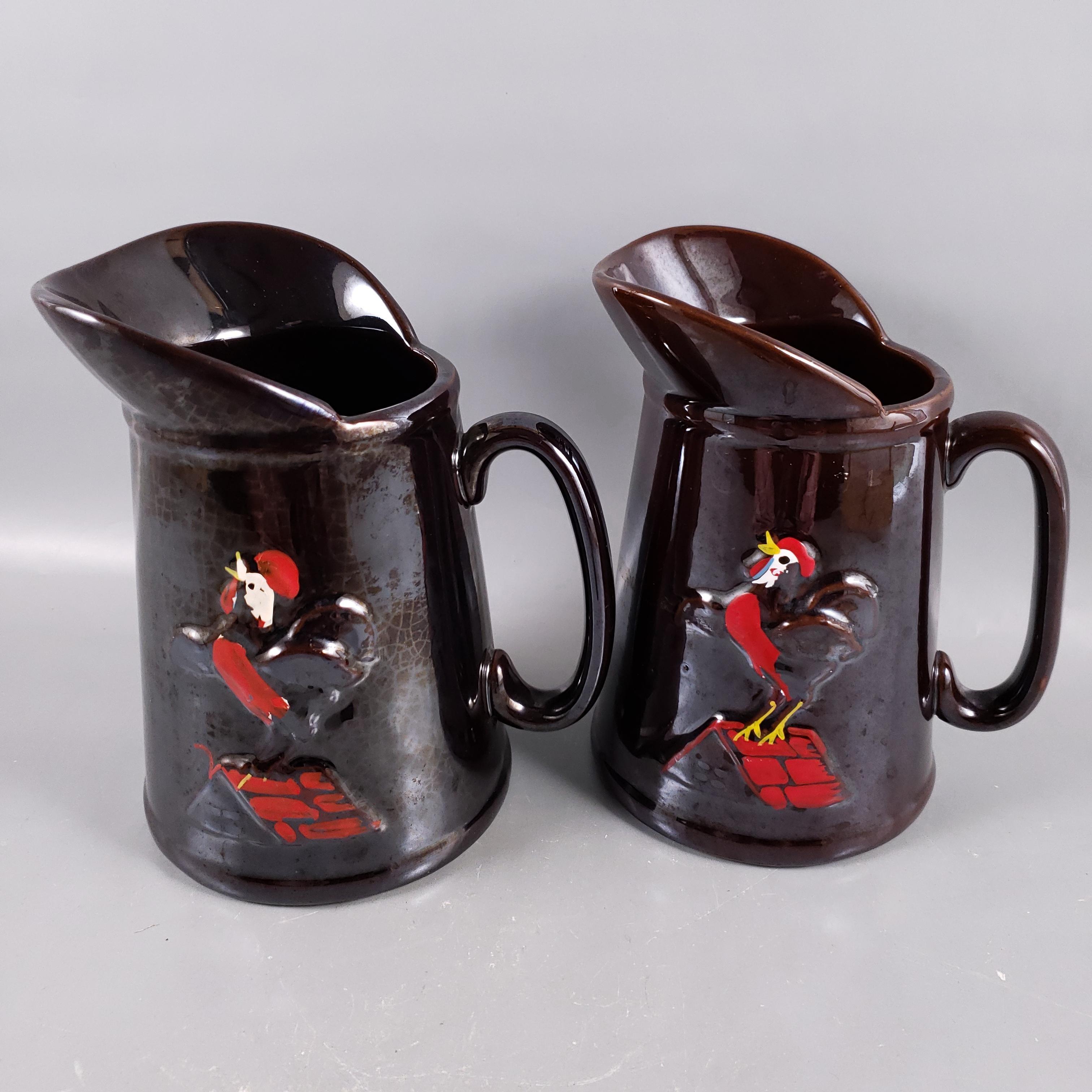 Vintage JAPAN Farmhouse ROOSTER Brown Luster Ceramic SYRUP PITCHER SET