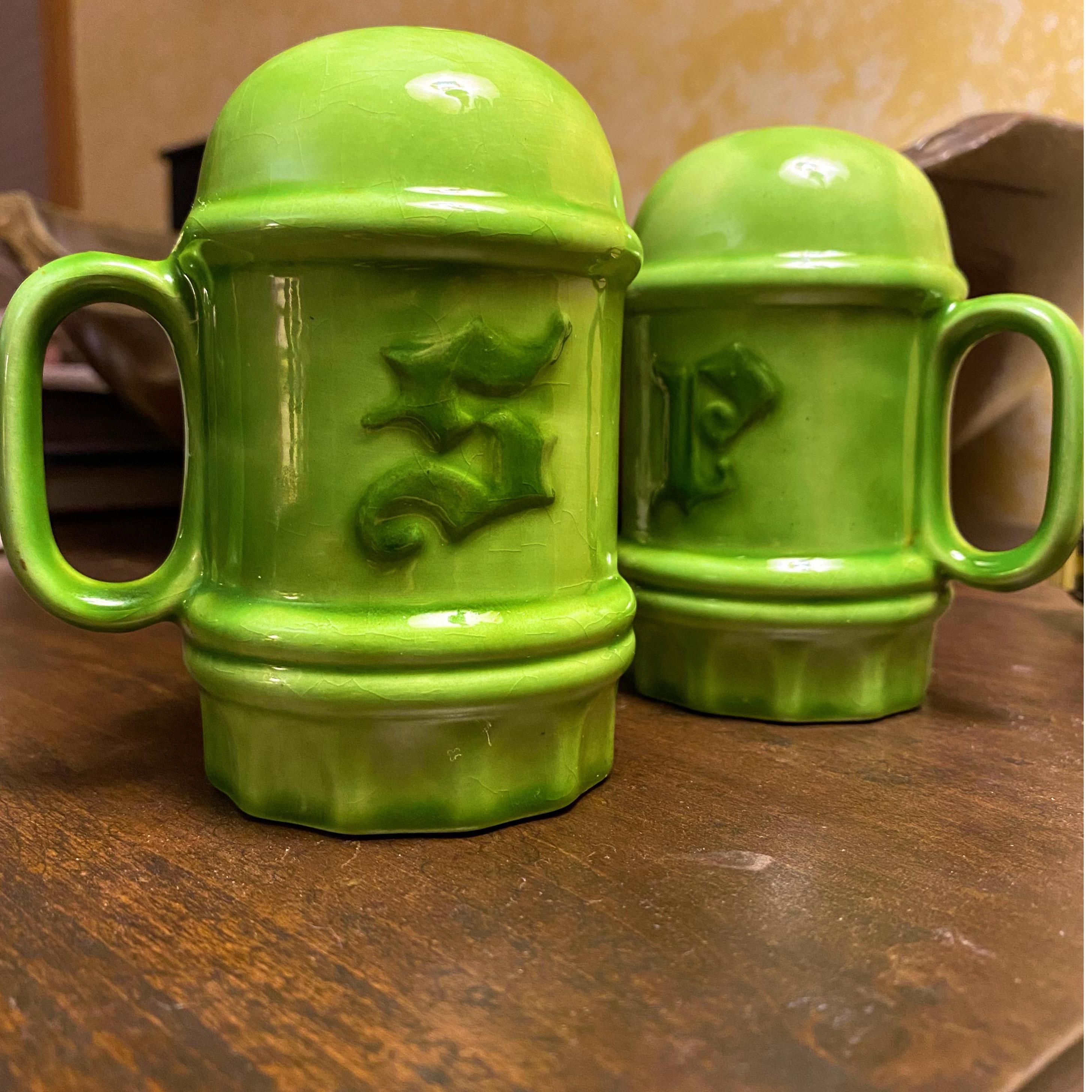 1970s HM Ceramic Salt and Pepper Shakers Lime Green Handles