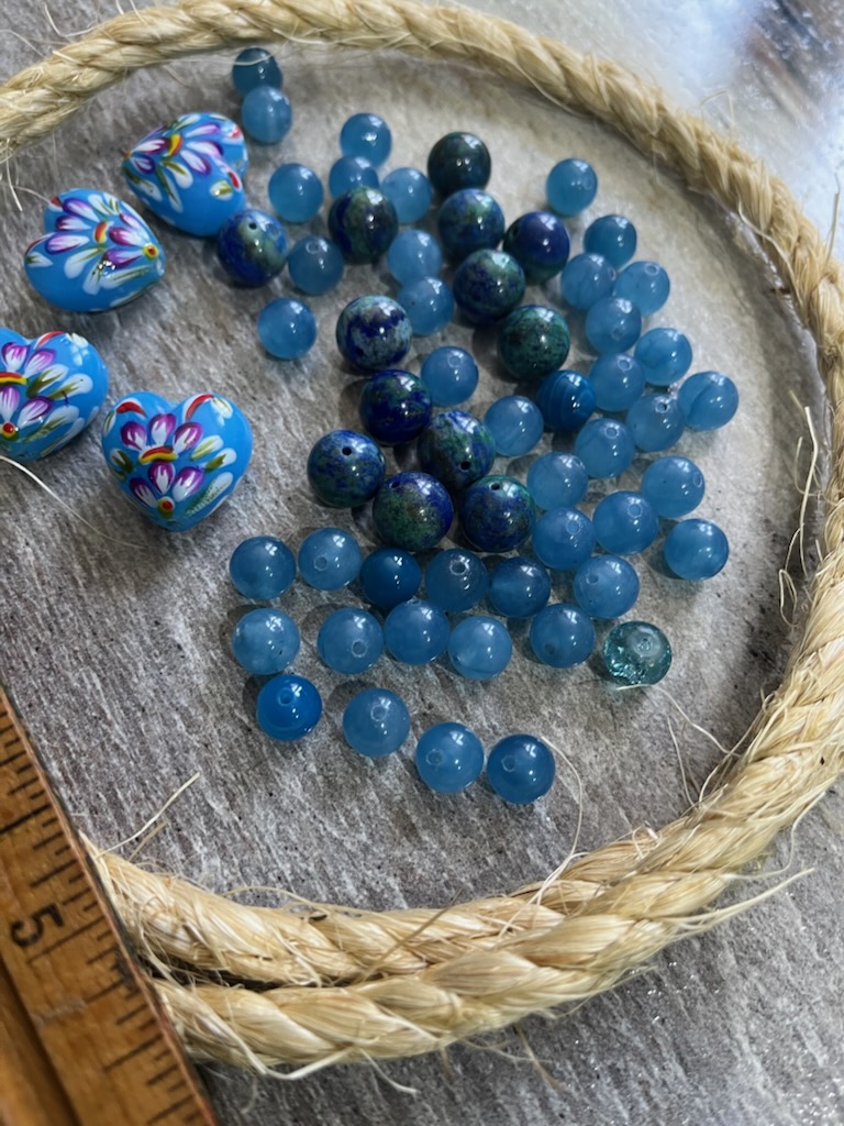Focal Blue Heart Beads & 8 mm Malachite & 6mm Blue Veined Glass Beads