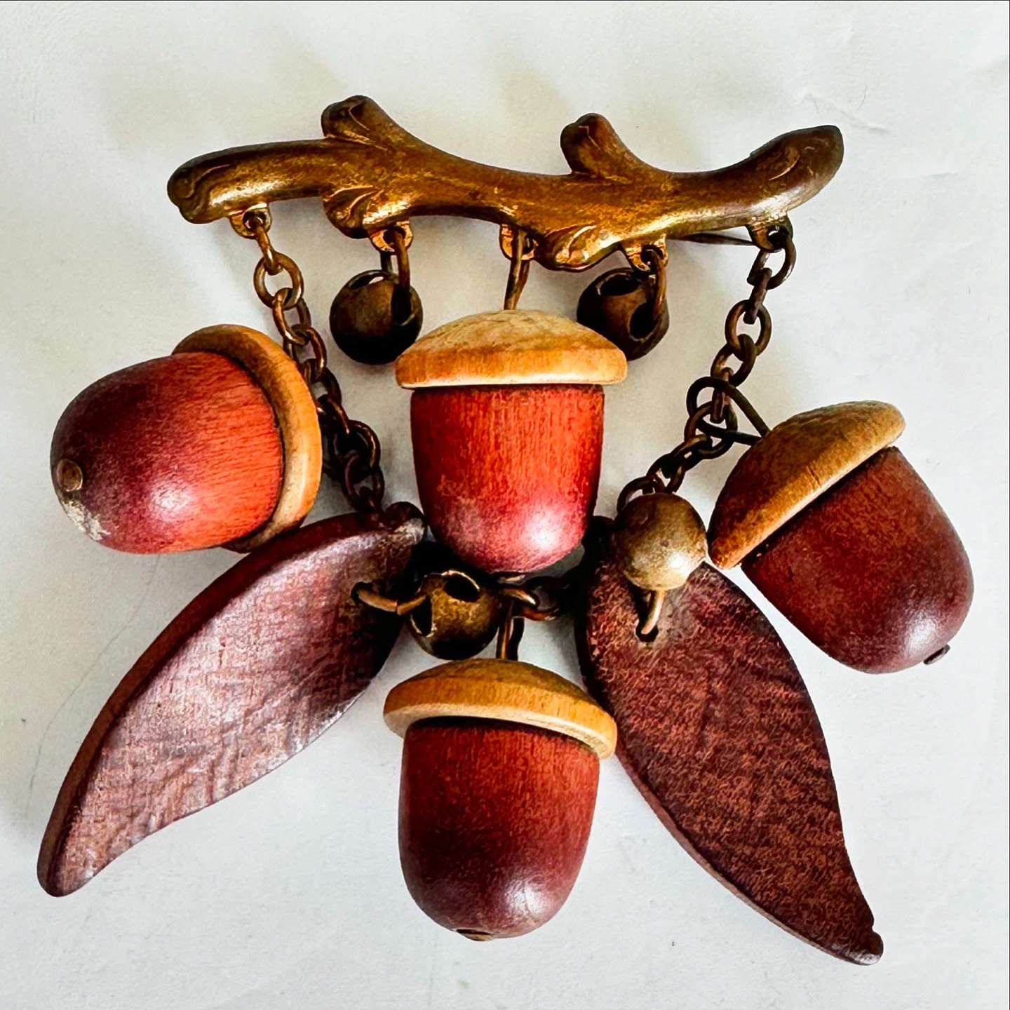 1940’s Early Unsigned Miriam Haskell Natural Wood Brass Acorn Leaf Swag ...
