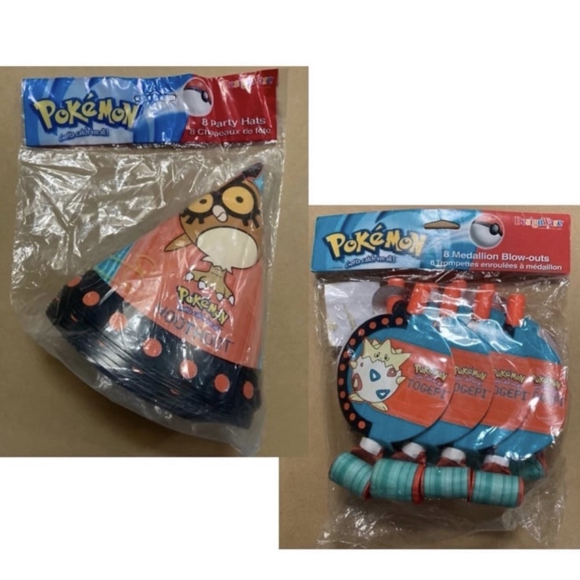 Pokemon NIP Party Hats and Blow Outs (One Pack of Each) Y2K 2000