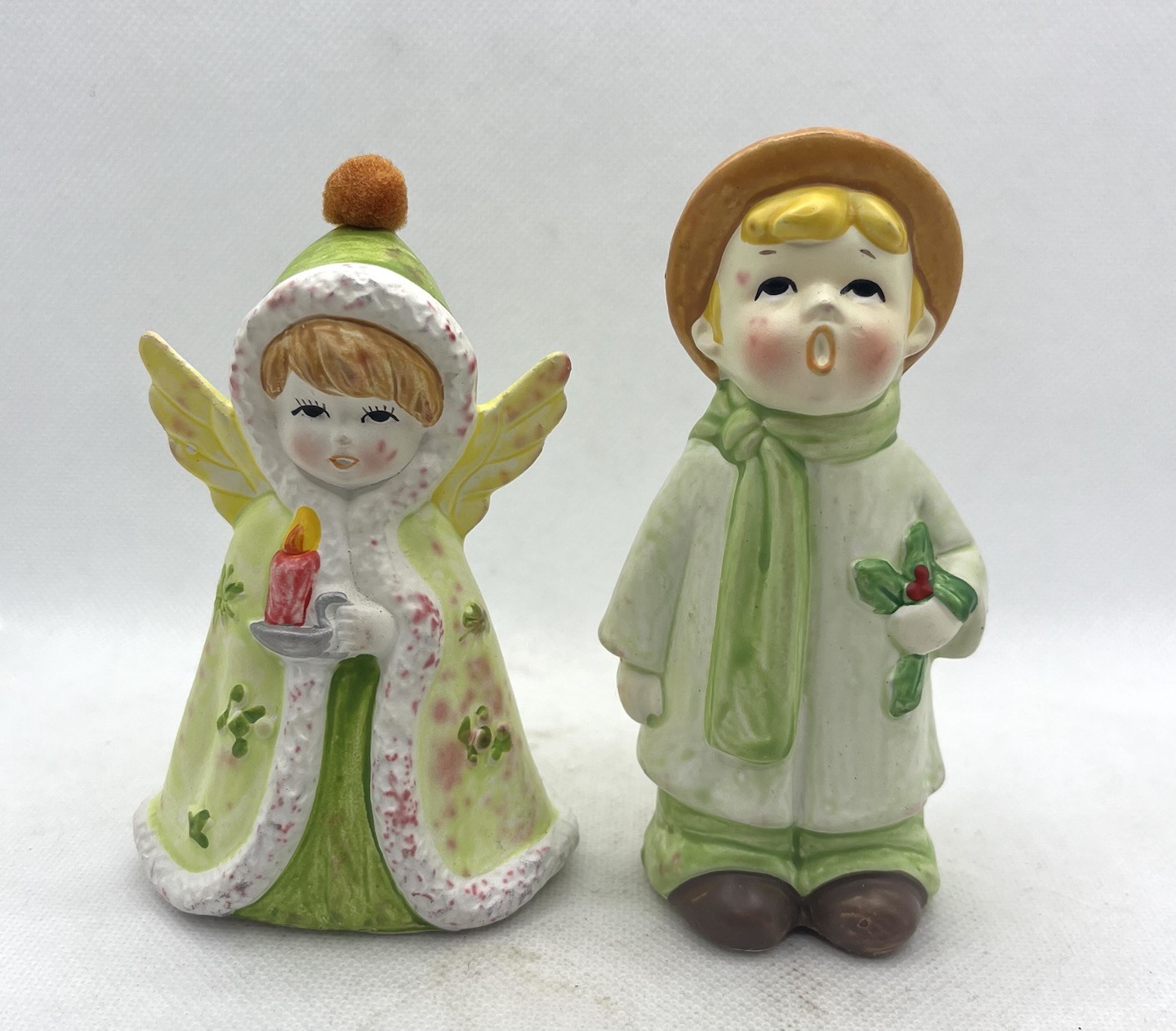 Vintage MY Handmade In Korea Christmas Girl Angel Boy Caroler Figurine Couple Pair