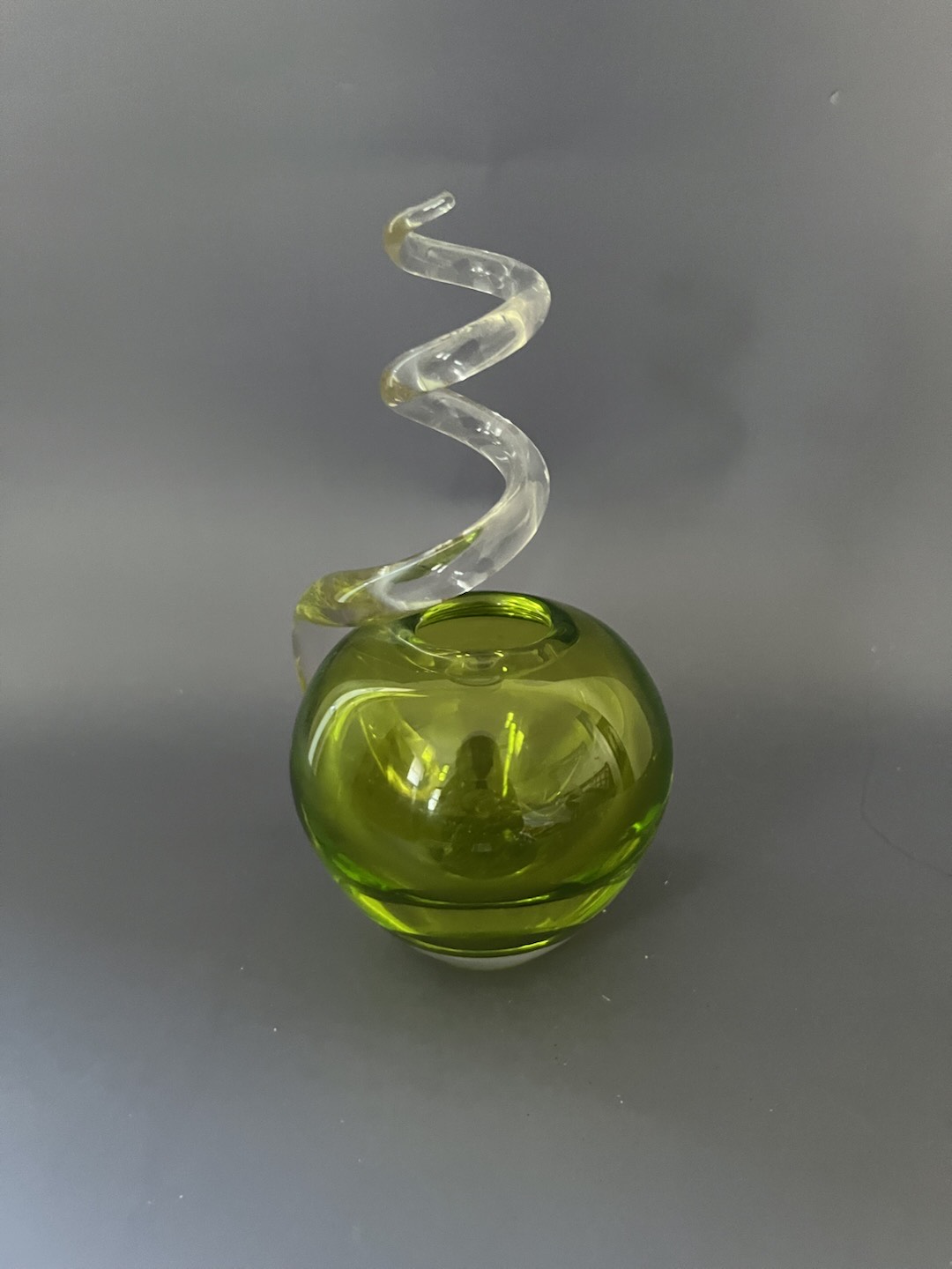 Hand Blown Circular Apple-Form Green Vase With Swirling Clear Glass Spire