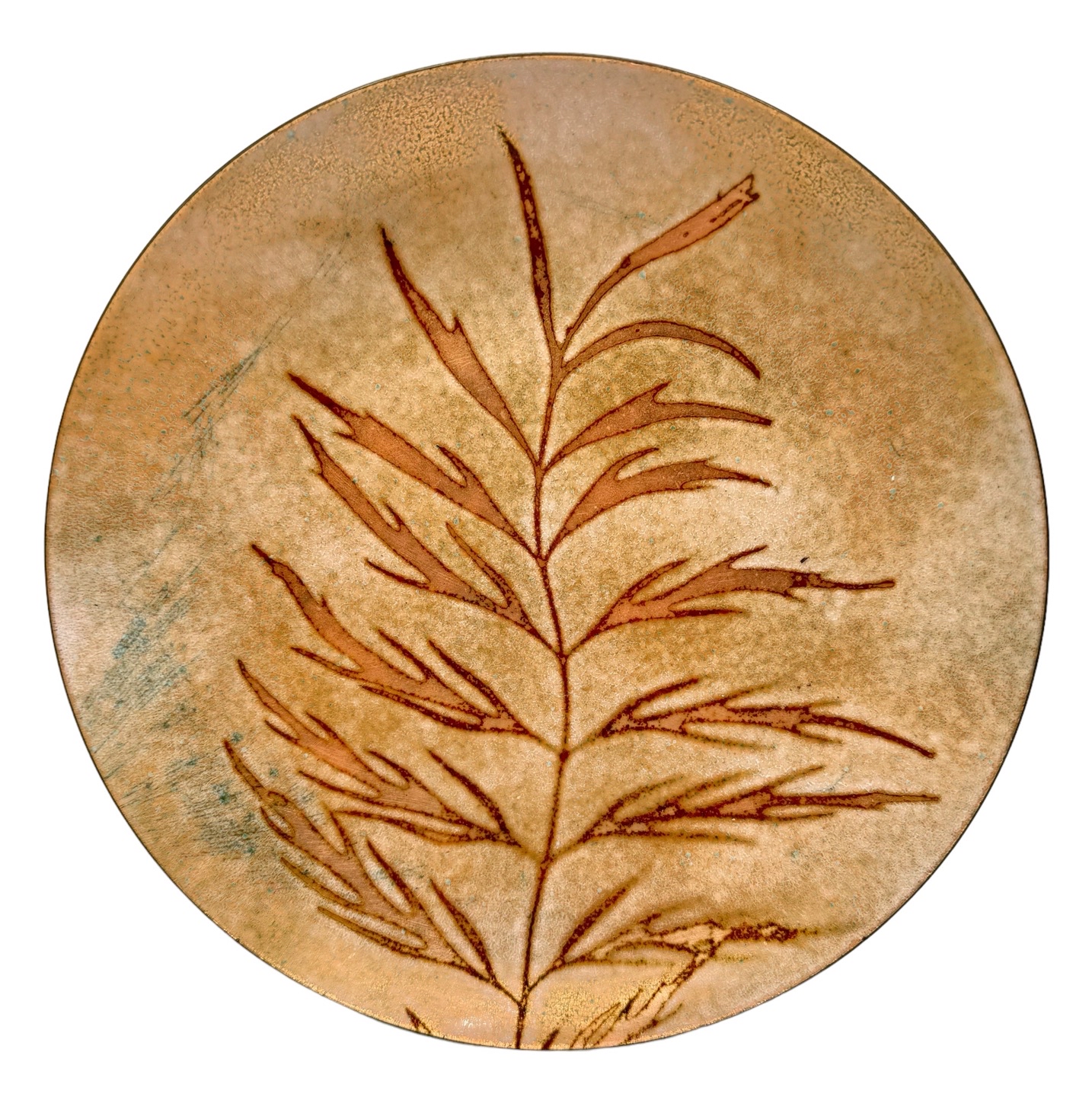 Signed Enamel on Copper Plate Dish Mid Century Leaf Fern Round 8”