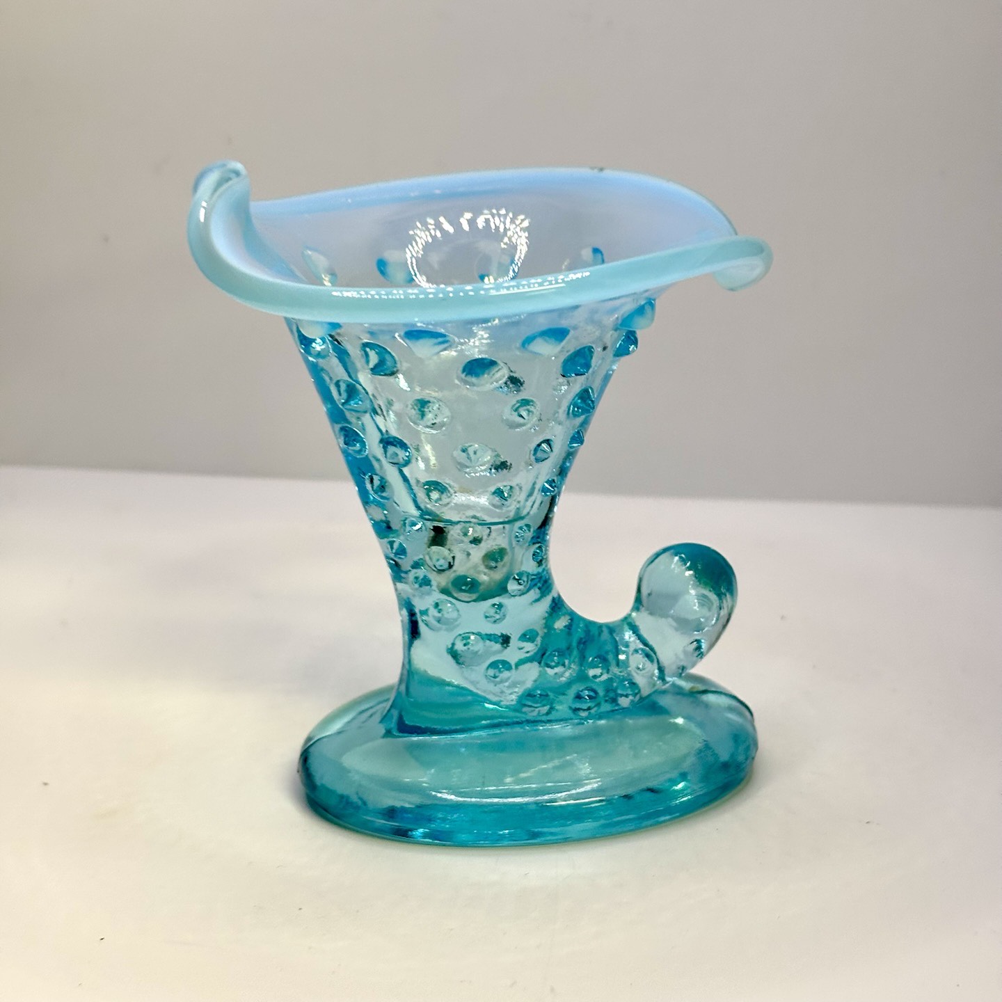 Blue Opalescent Fenton Hobnail Cornucopia Vase 3.5”