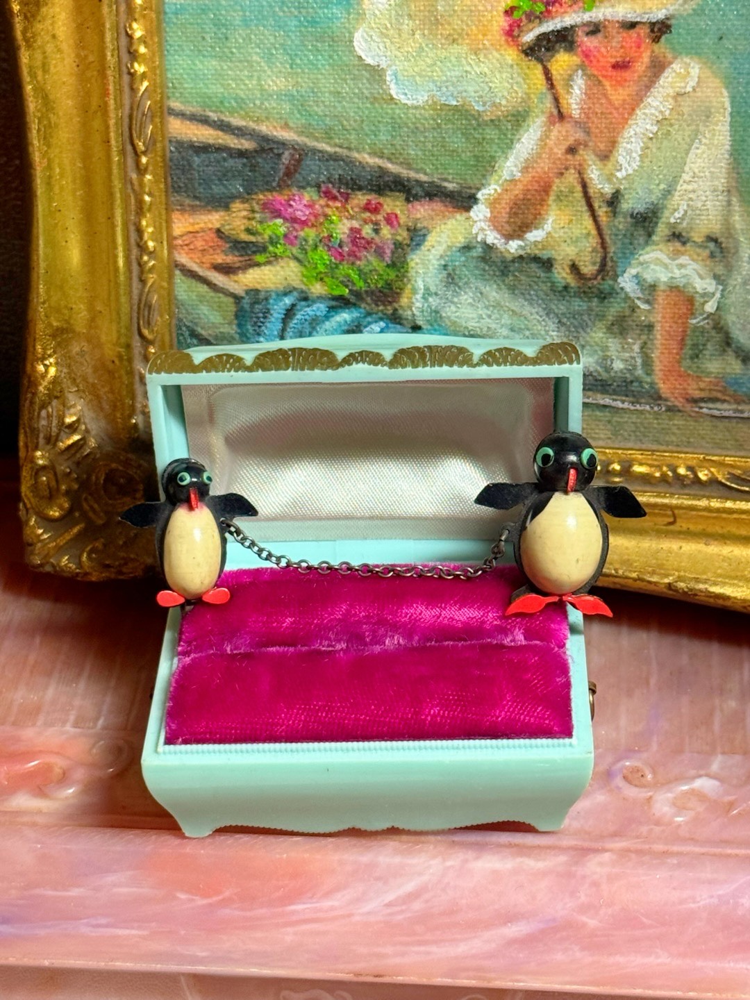 Vintage Celluloid Chained Penguins Brooch