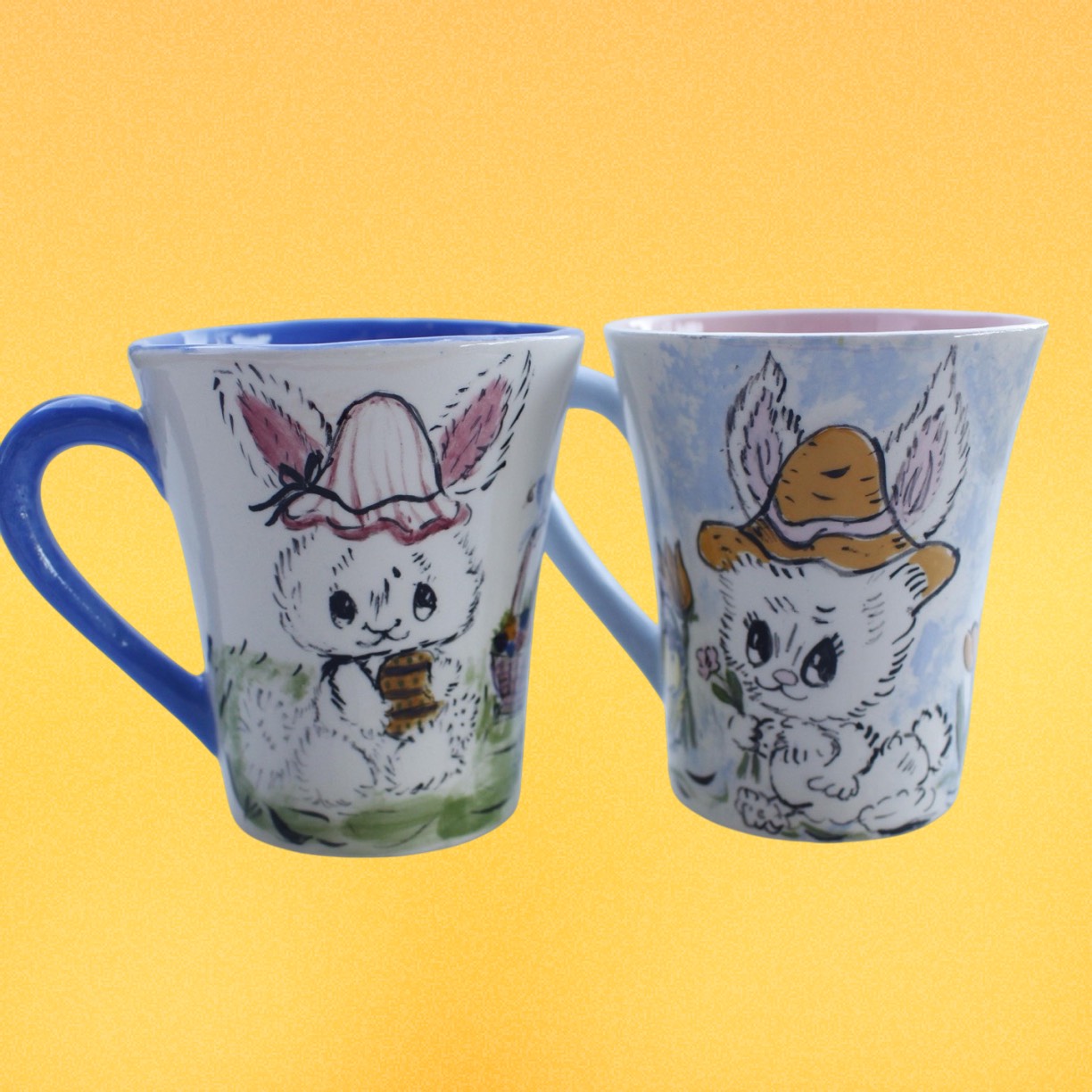Pair of 2 Hand Painted 1970s Bunny Rabbit Mugs, Pastels, Signed, 9oz