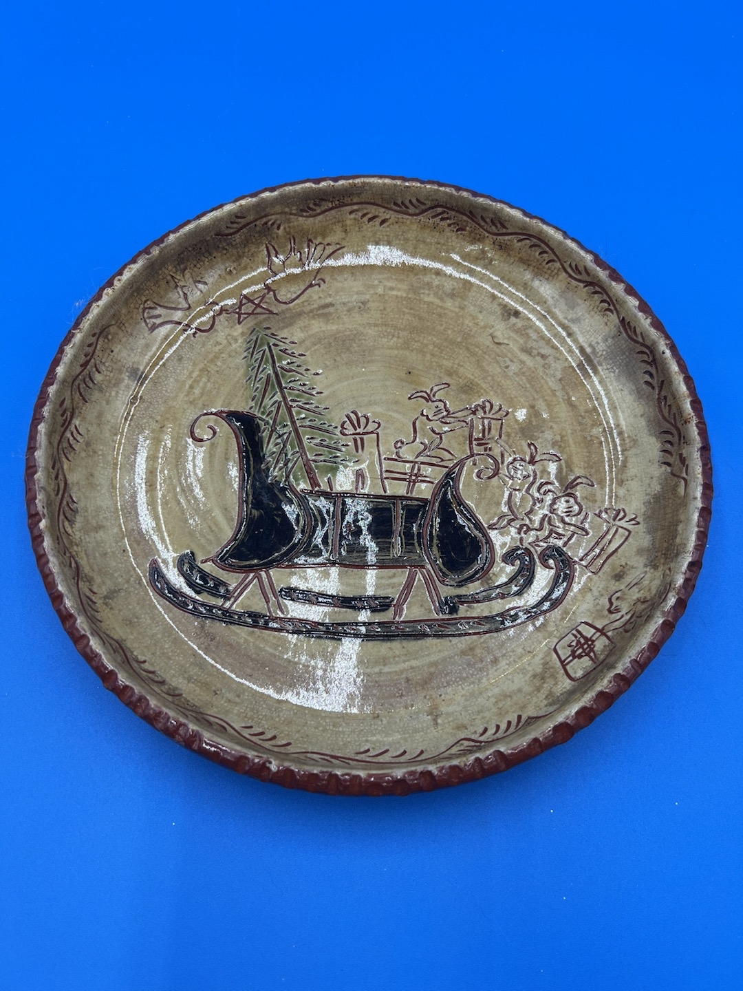 SJ Pottery Redware Sleigh Pie Plate 10”