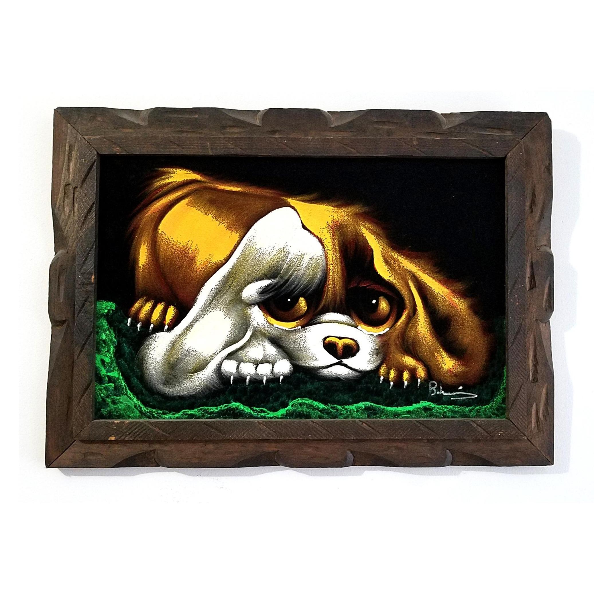 Vintage Big Eyed Sad Puppy Print in Rustic Wooden Frame