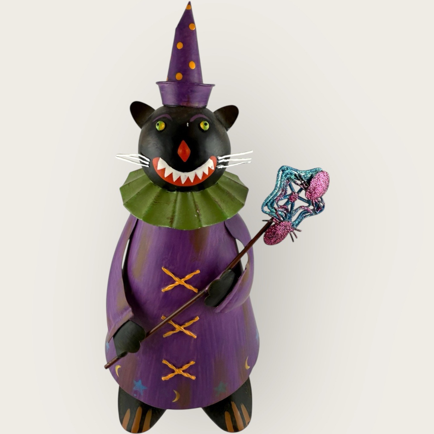 Black Cat Wizard Spider Webb Wand Folk Art Metal Bobble 9.5”