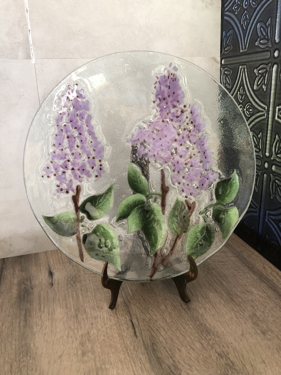 Fused Art Glass Lilacs Plate Round Flower Floral Bouquet 11”