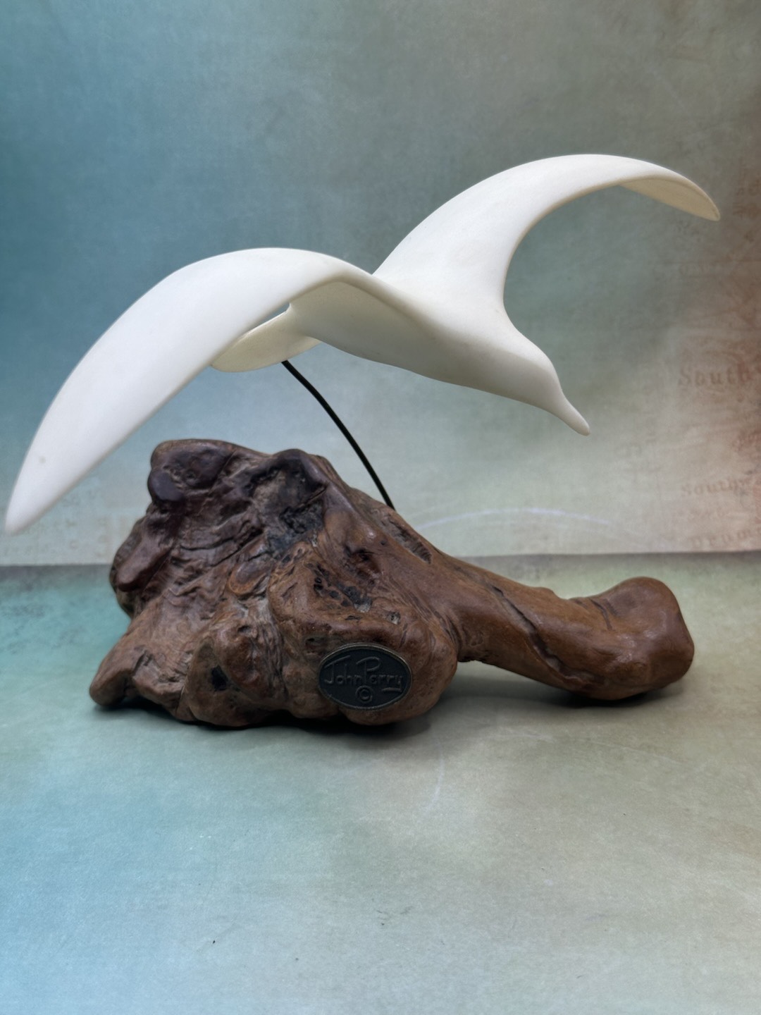 Vintage John Perry Sculpture Seagull Birds in Flight on Burl Driftwood 1970s