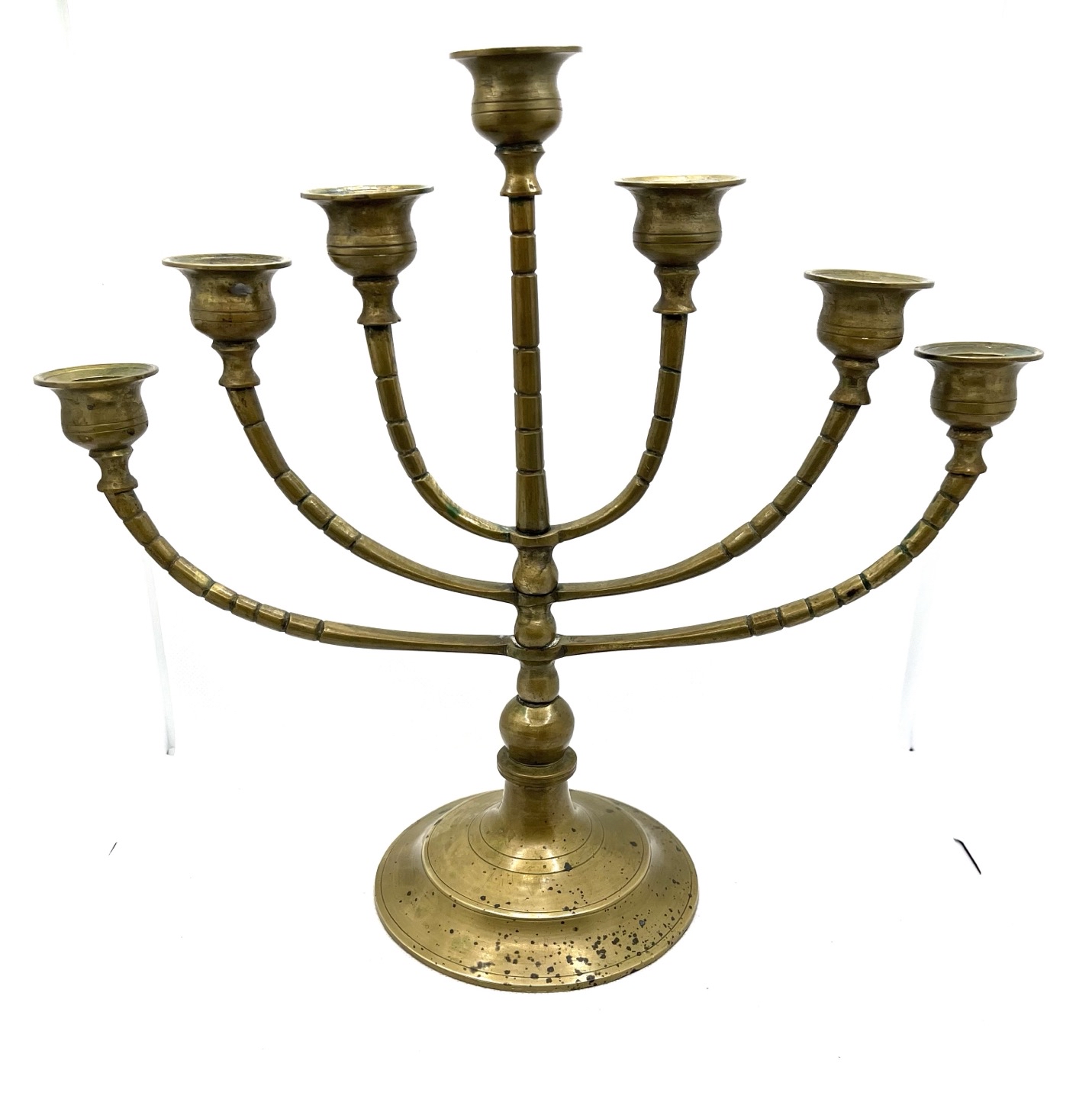 Antique Solid Brass Large Menorah Candle Holder 7 Branch Judaica Round Base
