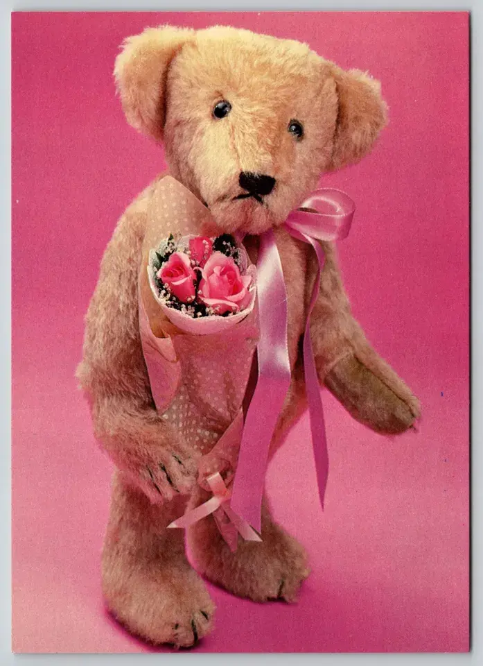 Postcard Valentines Day Silly Basil Teddy Bear Pink Bouquet Bearly ...