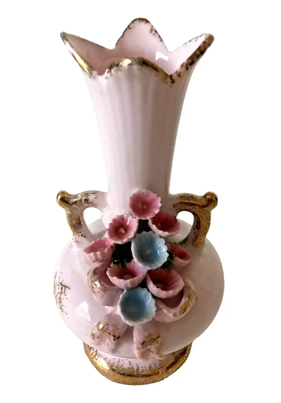 Vintage Pink Lefton Porcelain Bud Vase Applied Flowers & Gold Trim Hand ...